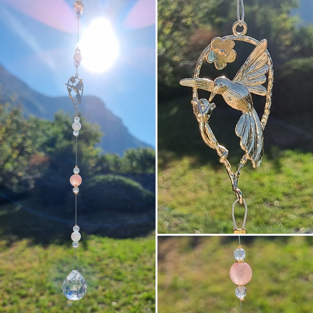 COLIBRI Golden Suncatcher in Natural Stones of Pink Quartz Cherry or of ...