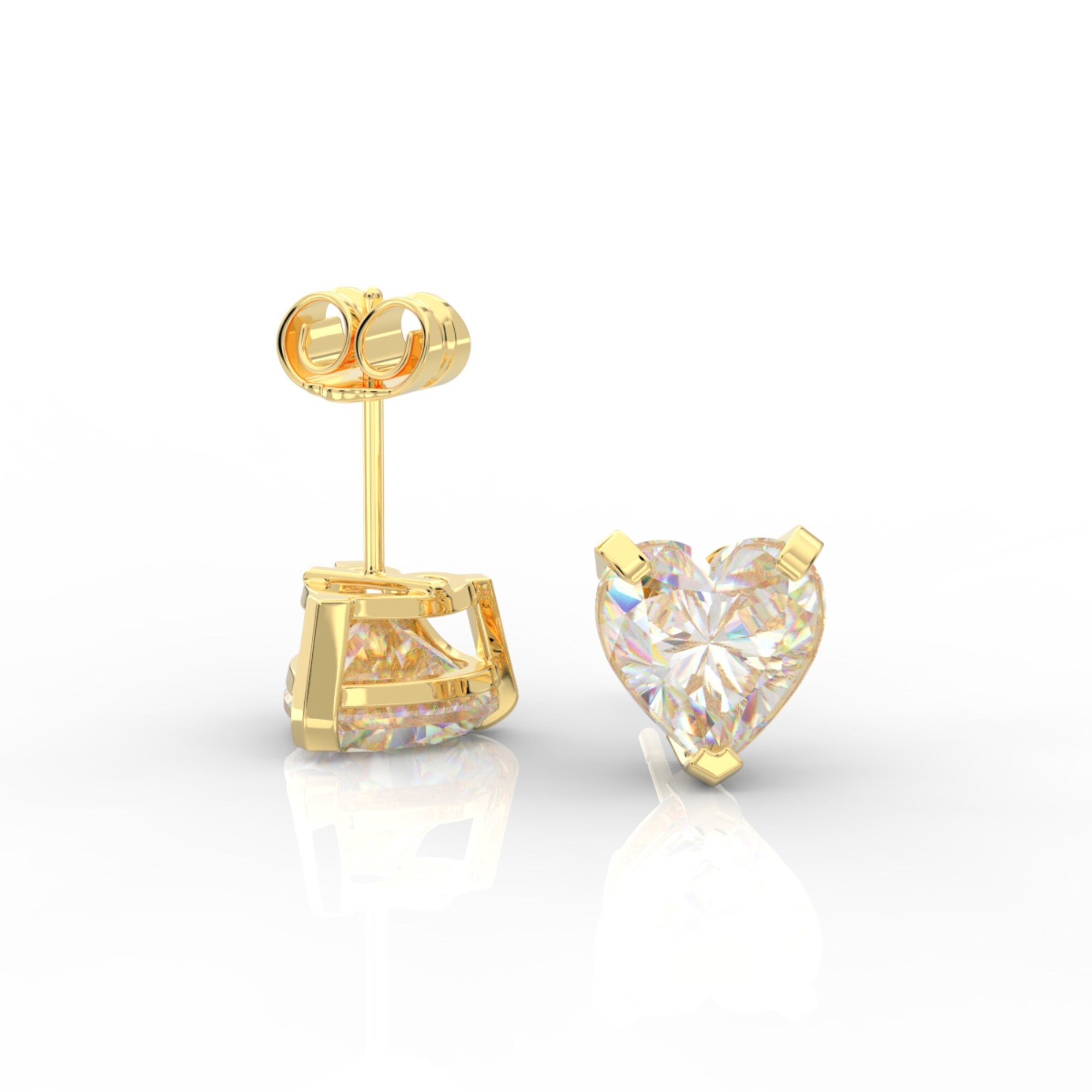 3 Ct Heart Shape Stud Earrings Real 14K Solid Yellow Gold Push - Etsy