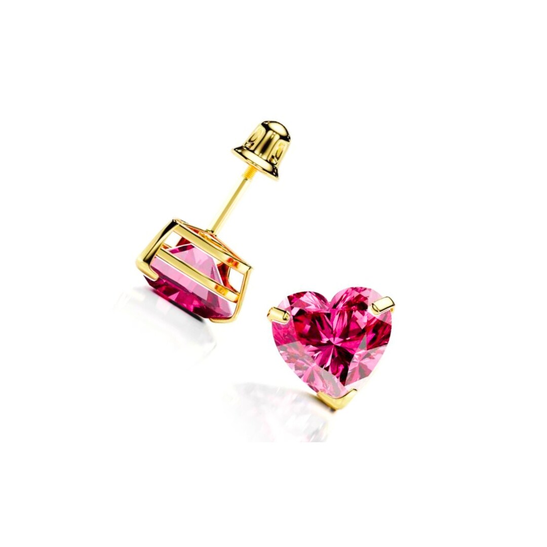 Ruby Heart Earrings Studs Real 14K Yellow Solid Gold Heart Shape Red ...