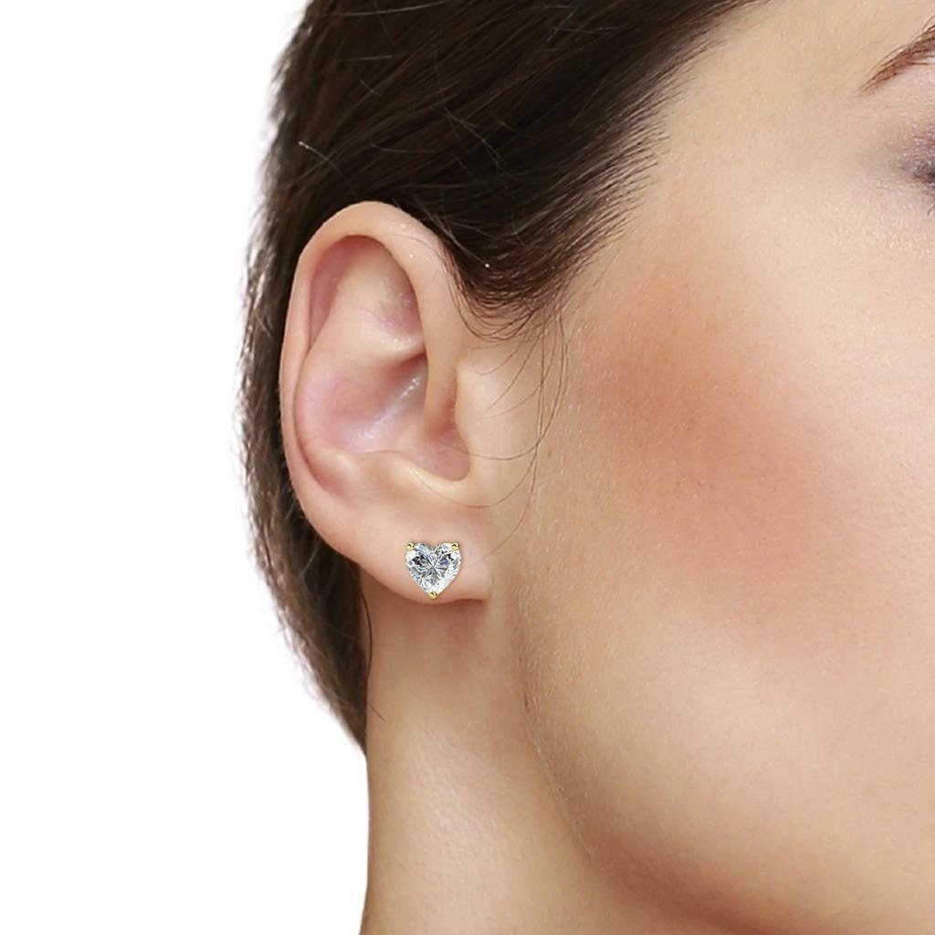 3 Ct Heart Shape Stud Earrings Real 14K Solid Yellow Gold Push - Etsy