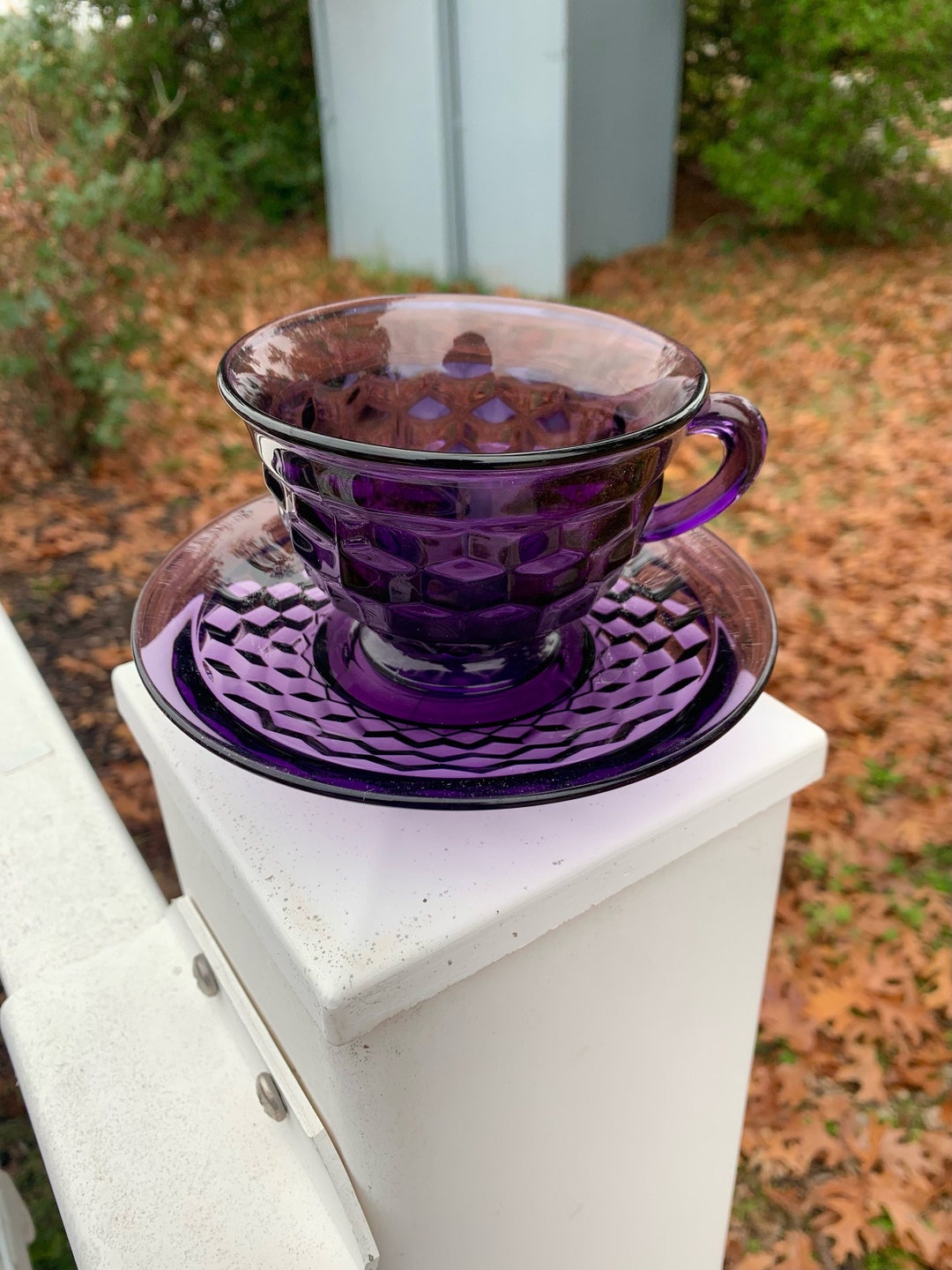 Tea Cup Set, American Fostoria, Purple Glass, Amethyst, Matching Plates ...