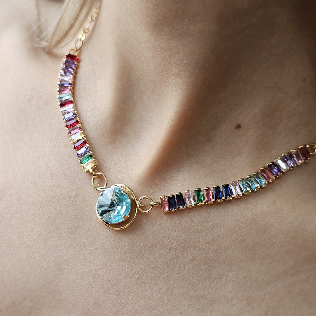 Rainbow Crystal Necklace, Multi Color Necklace, Tennis Necklace ...