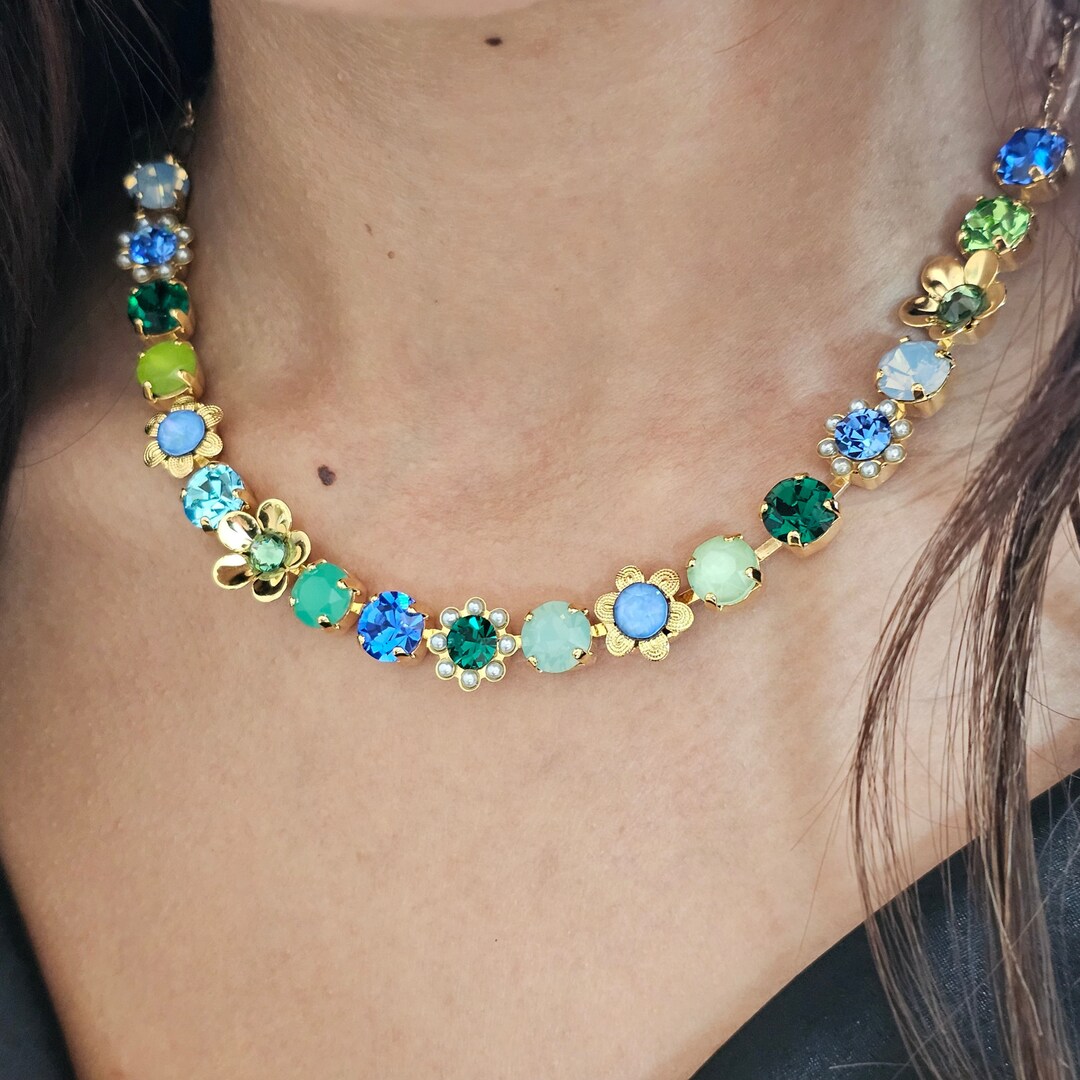 Turquoise Rhinestones Necklace, Handmade Necklace, Turquoise Necklace ...