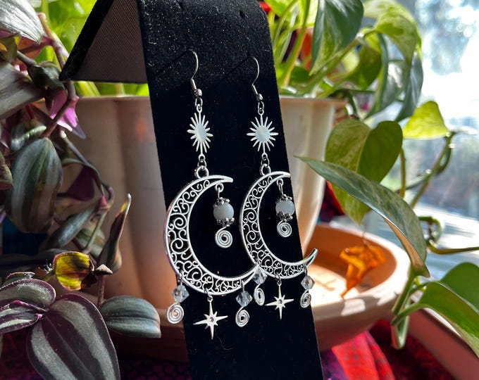 Moonstone Luna Earrings | Celestial Crescent Moon Earrings | Whimsygoth Silver Moon and Stars ...