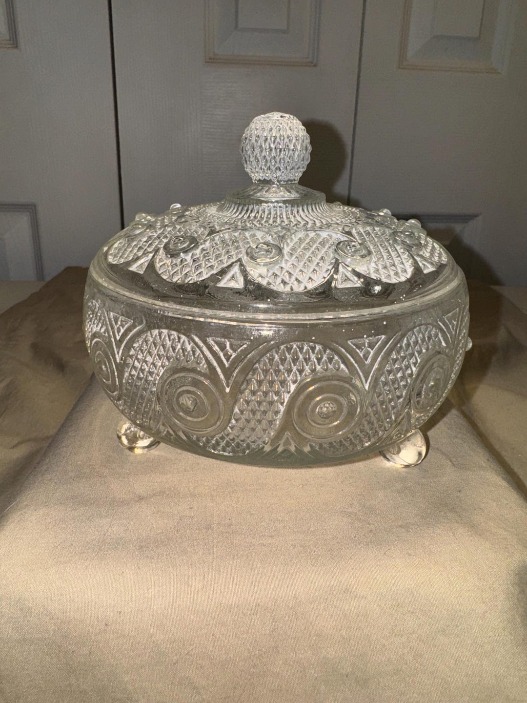 VINTAGE STAMPED GLASS Powder Box Dresser Box Candy Dish Signed Glass ...