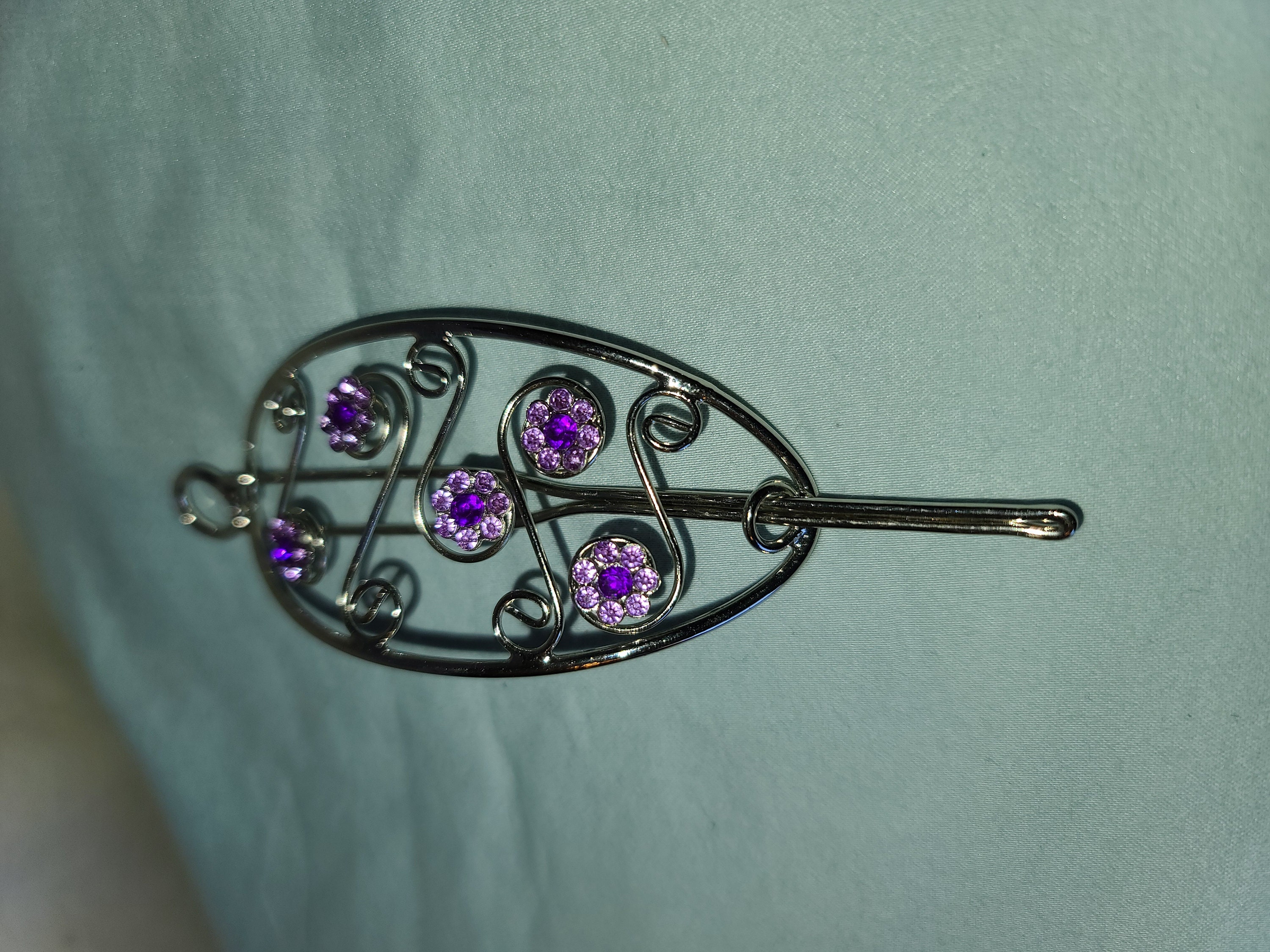 VINTAGE SCROLLED SILVER Metal Barrett With Purple Rhinestones Vintage ...