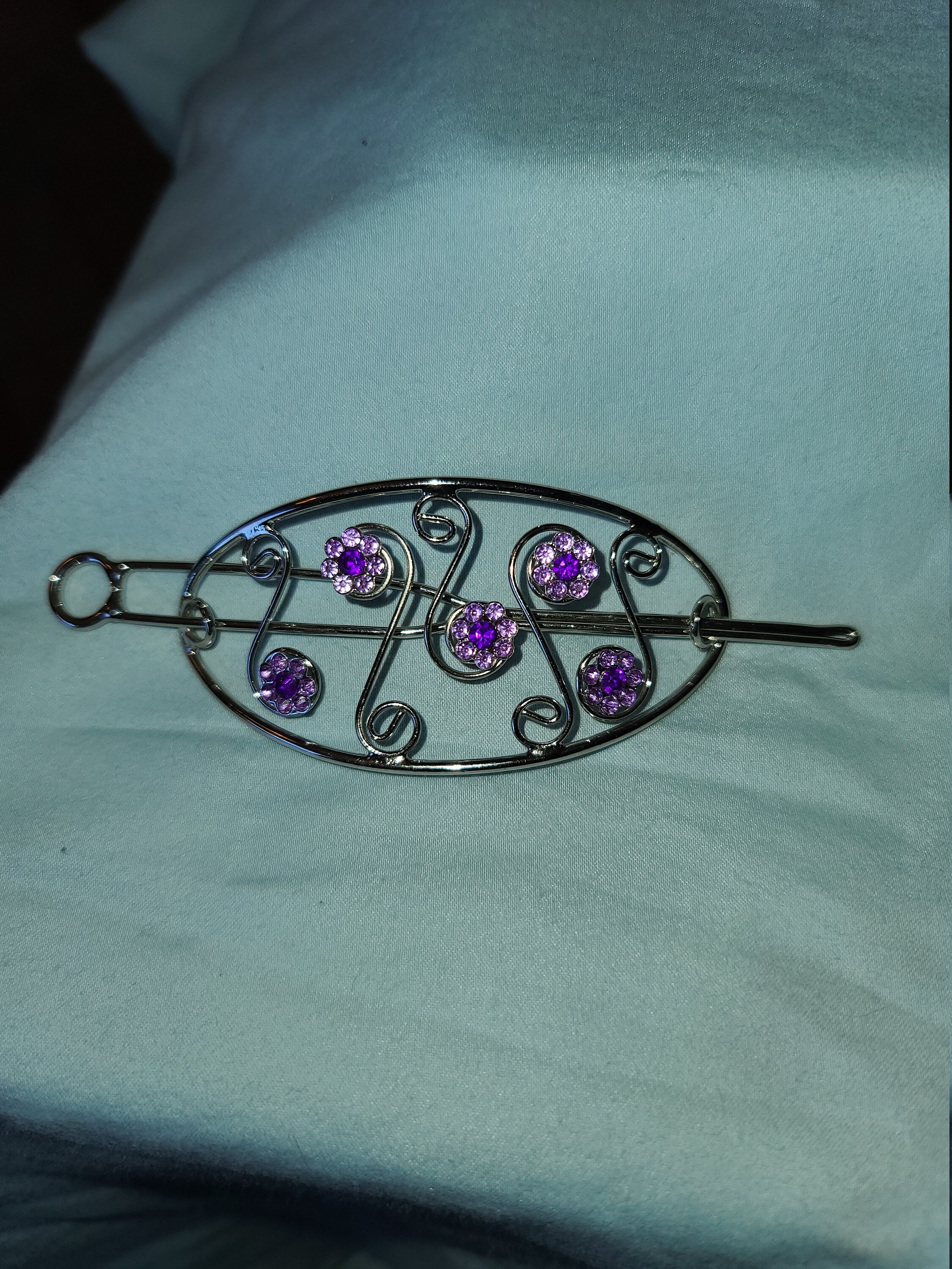 VINTAGE SCROLLED SILVER Metal Barrett With Purple Rhinestones Vintage ...
