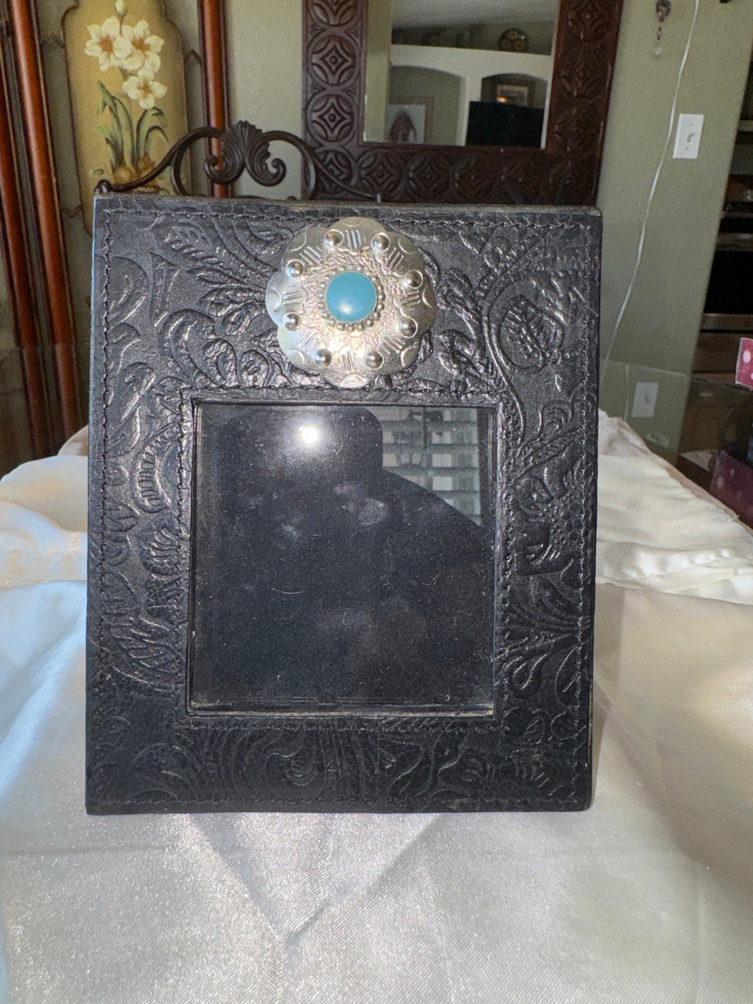 HAND-TOOLED LEATHER Picture Frame Southwest Picture Frame Silver Concho ...