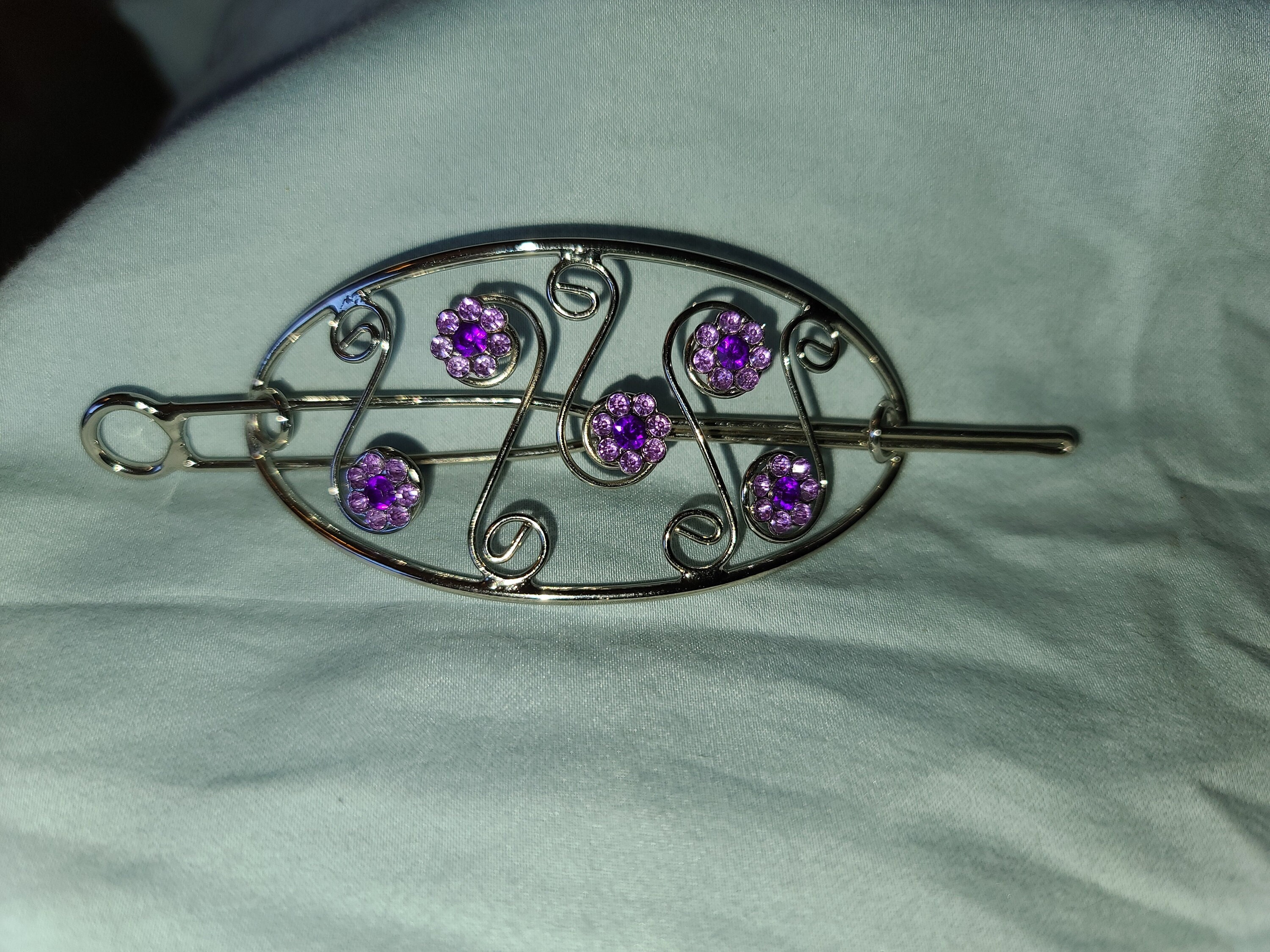 VINTAGE SCROLLED SILVER Metal Barrett With Purple Rhinestones Vintage ...