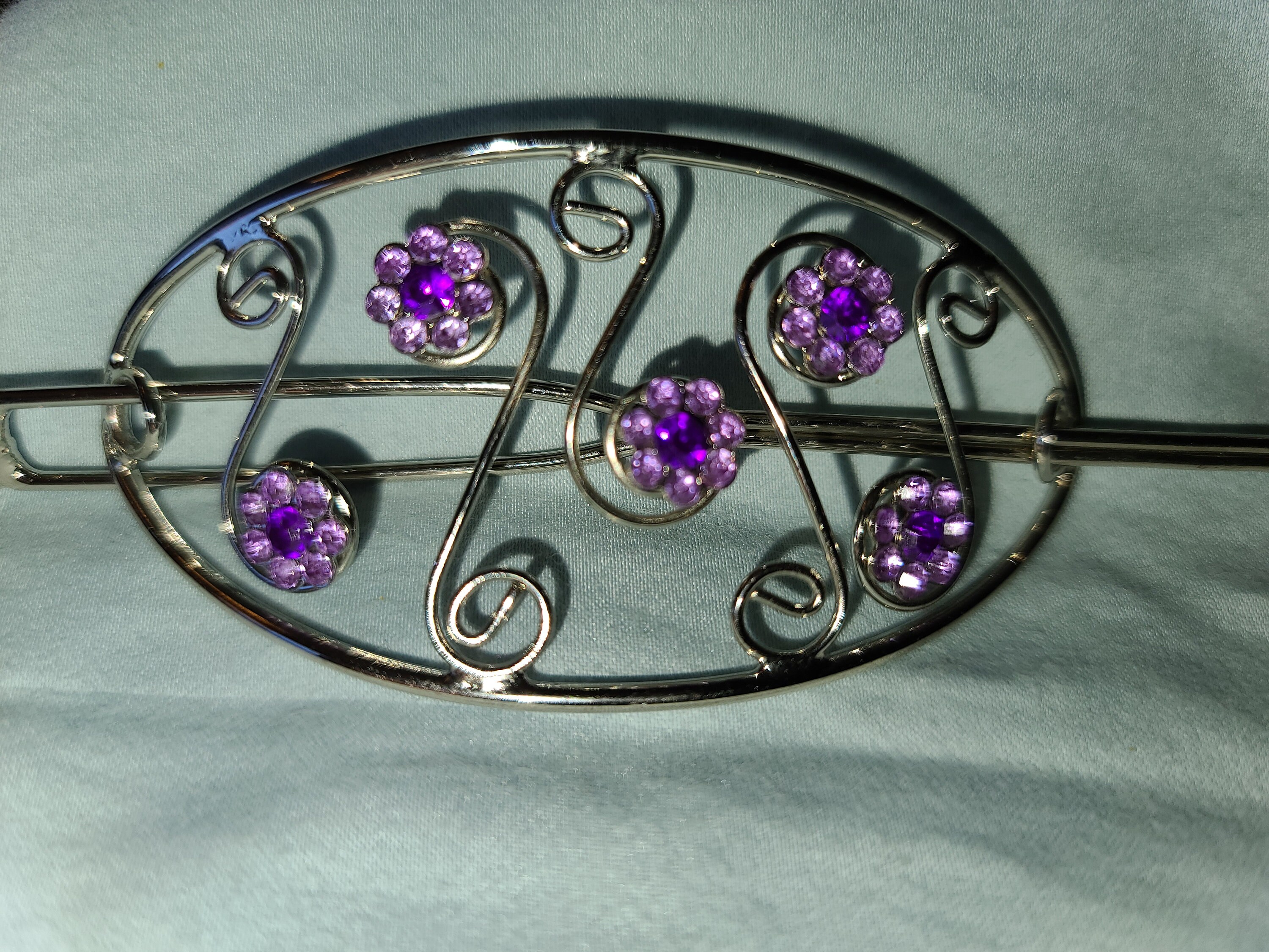 VINTAGE SCROLLED SILVER Metal Barrett With Purple Rhinestones Vintage ...