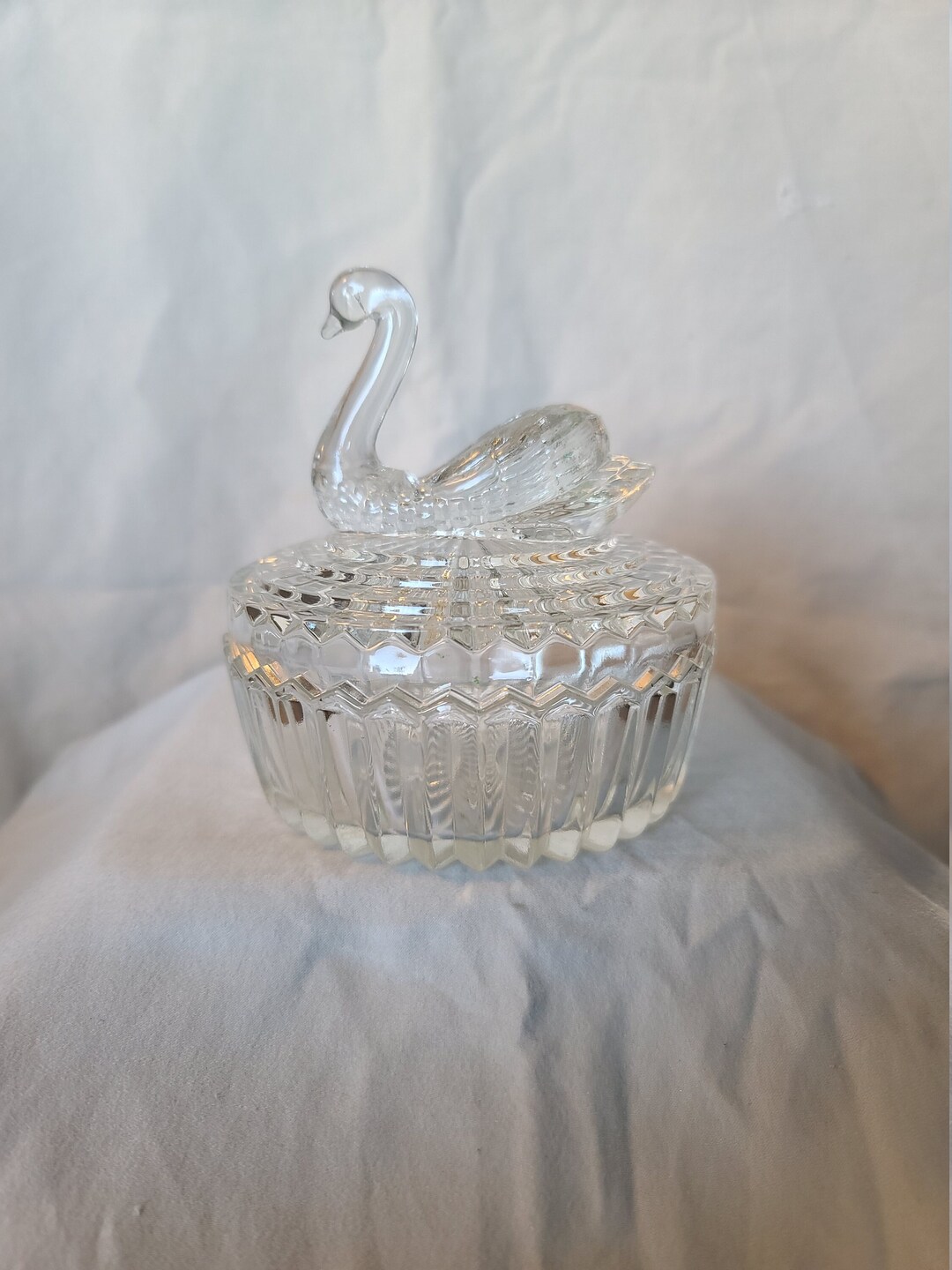 VINTAGE CUT GLASS Swan Powder Box Vintage Panel Glass Box With Swan Lid ...
