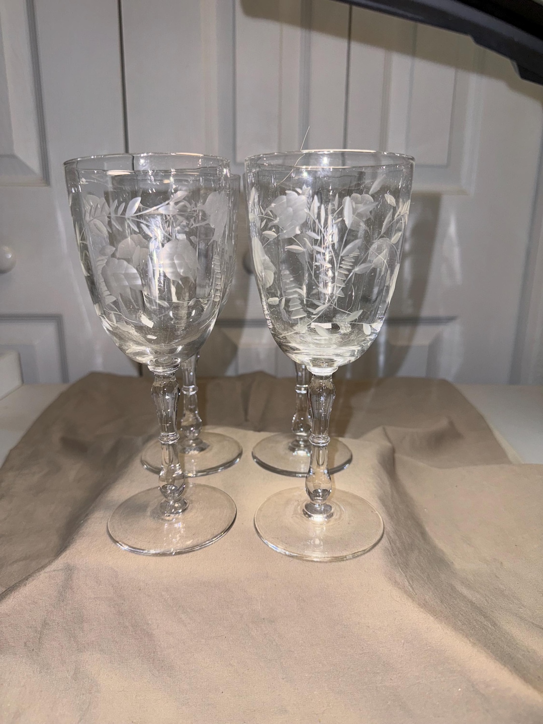 SET OF 6 VINTAGE Etched Wine Glasses Stemware Barware Collectable ...