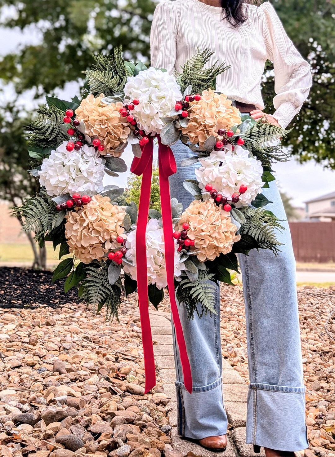 Holiday Hydrangea Wreath for Front Door, Winter White Ball Hydrangeas ...