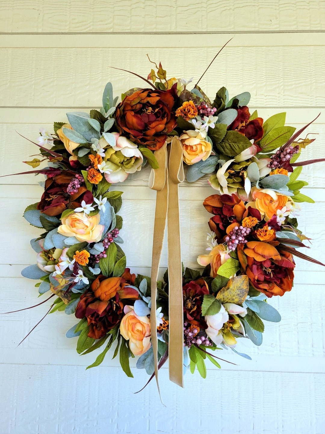 Rust Orange Peony Wreath for Front Door, Large Floral Lamb's Ear Wreath ...