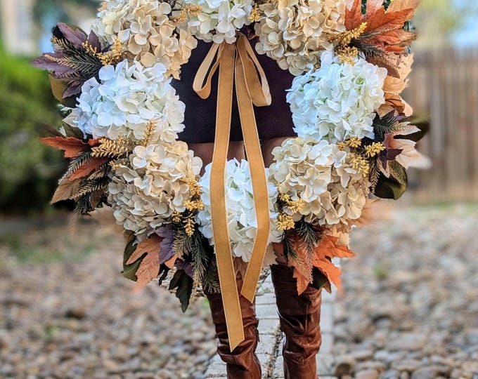 Large Fall Hydrangea Wreath, Neutral Autumn Front Door Decor, Outdoor ...