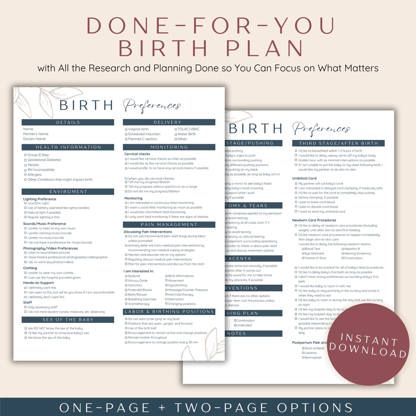 Birth Plan, Printable Birth Plan Template, Natural Birth Plan, Birthing ...
