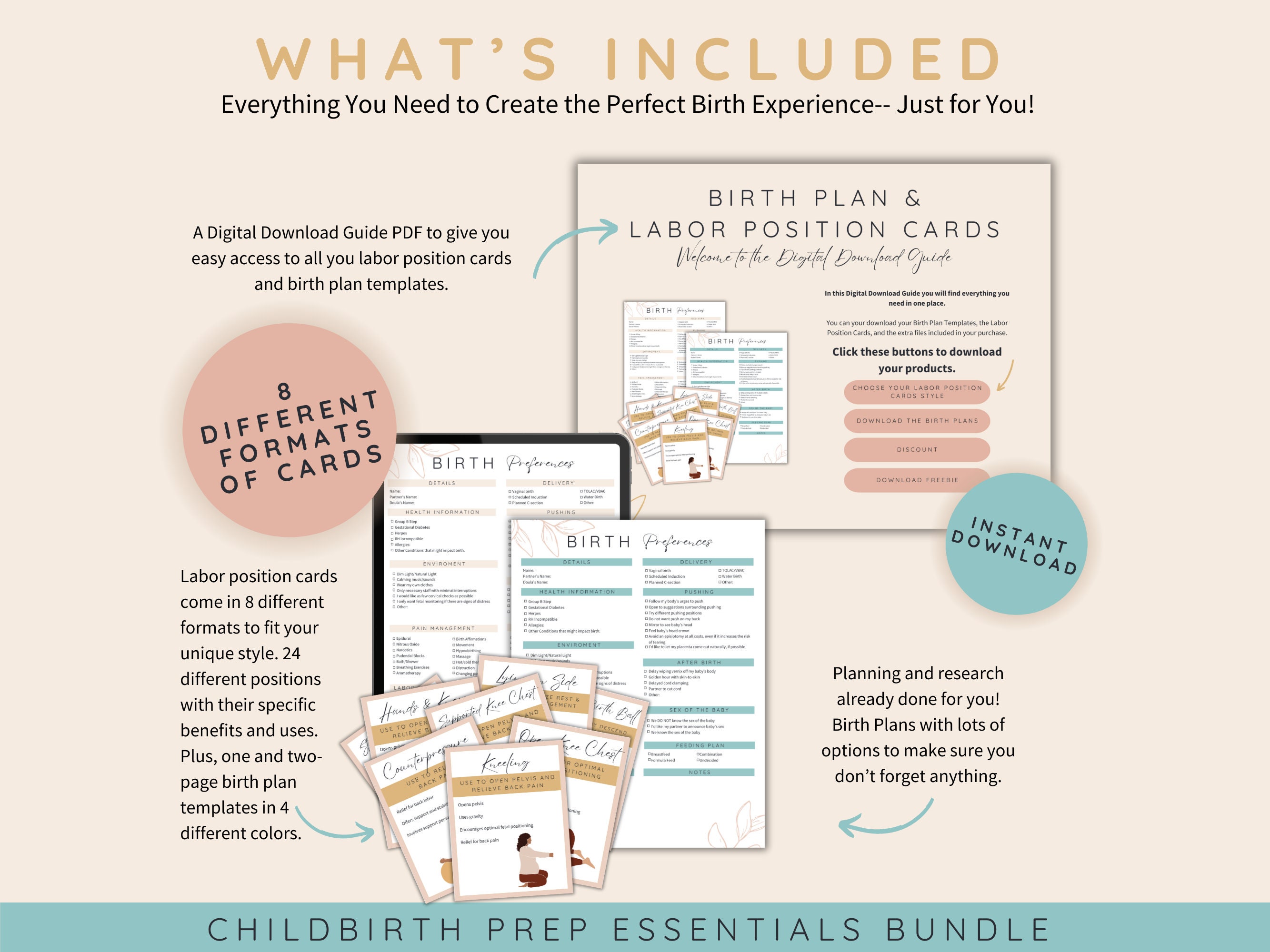Birth Plan + Labor Position Flashcards Bundle, Printable Birth Position ...