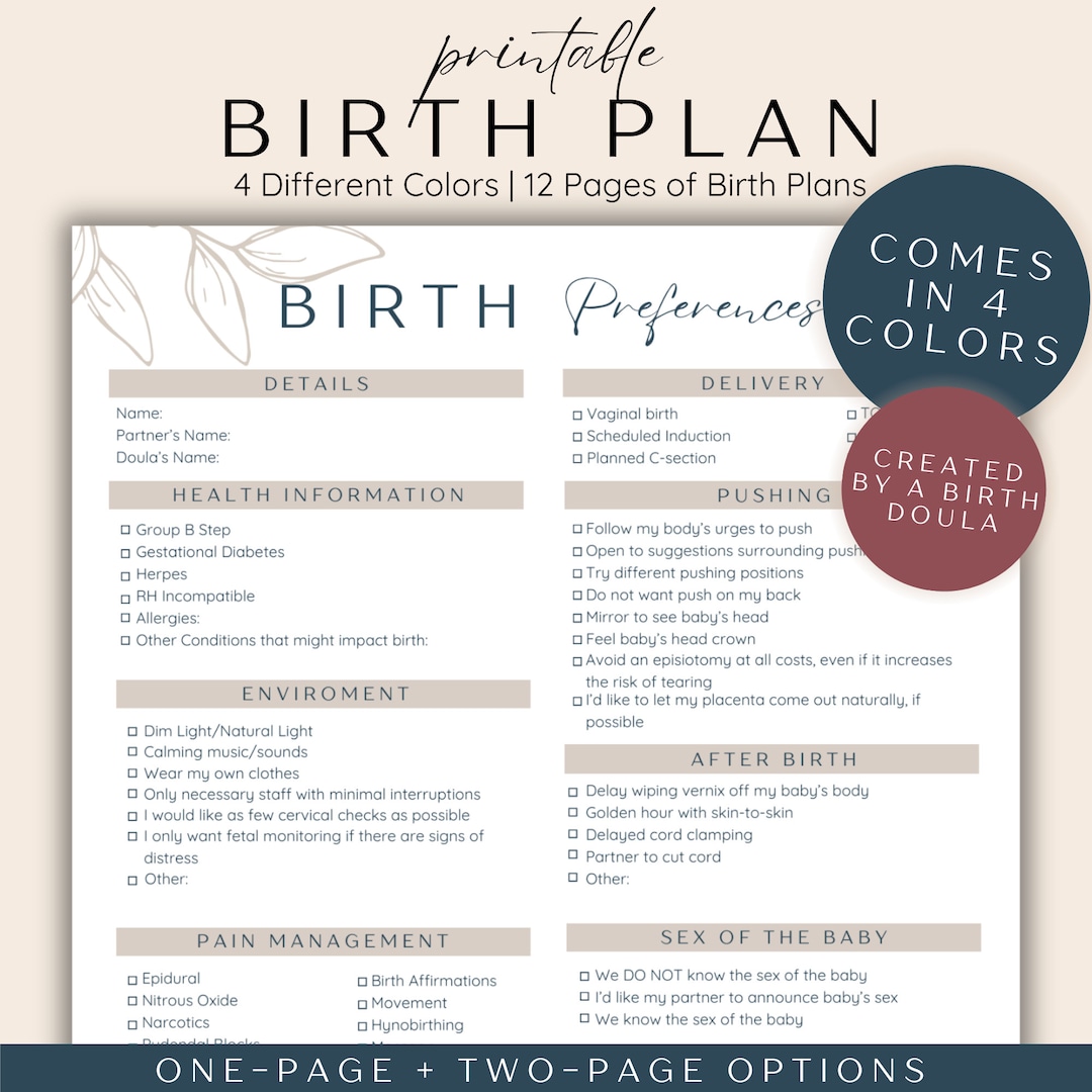 Birth Plan, Printable Birth Plan Template, Natural Birth Plan, Birthing ...