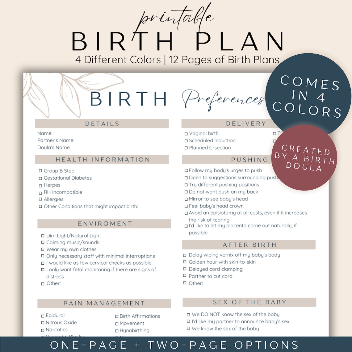 Birth Plan, Printable Birth Plan Template, Natural Birth Plan, Birthing ...