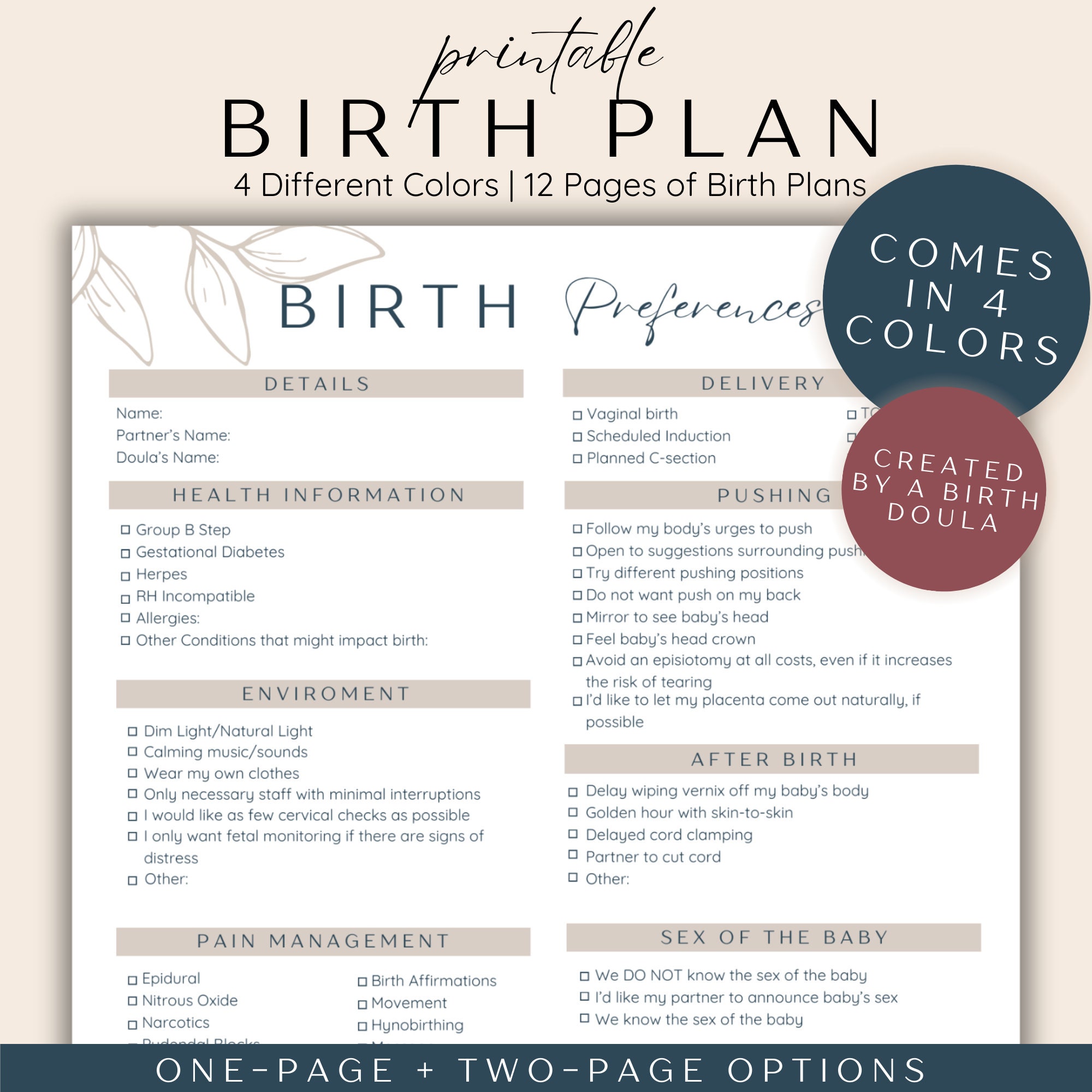 Birth Plan, Printable Birth Plan Template, Natural Birth Plan, Birthing ...