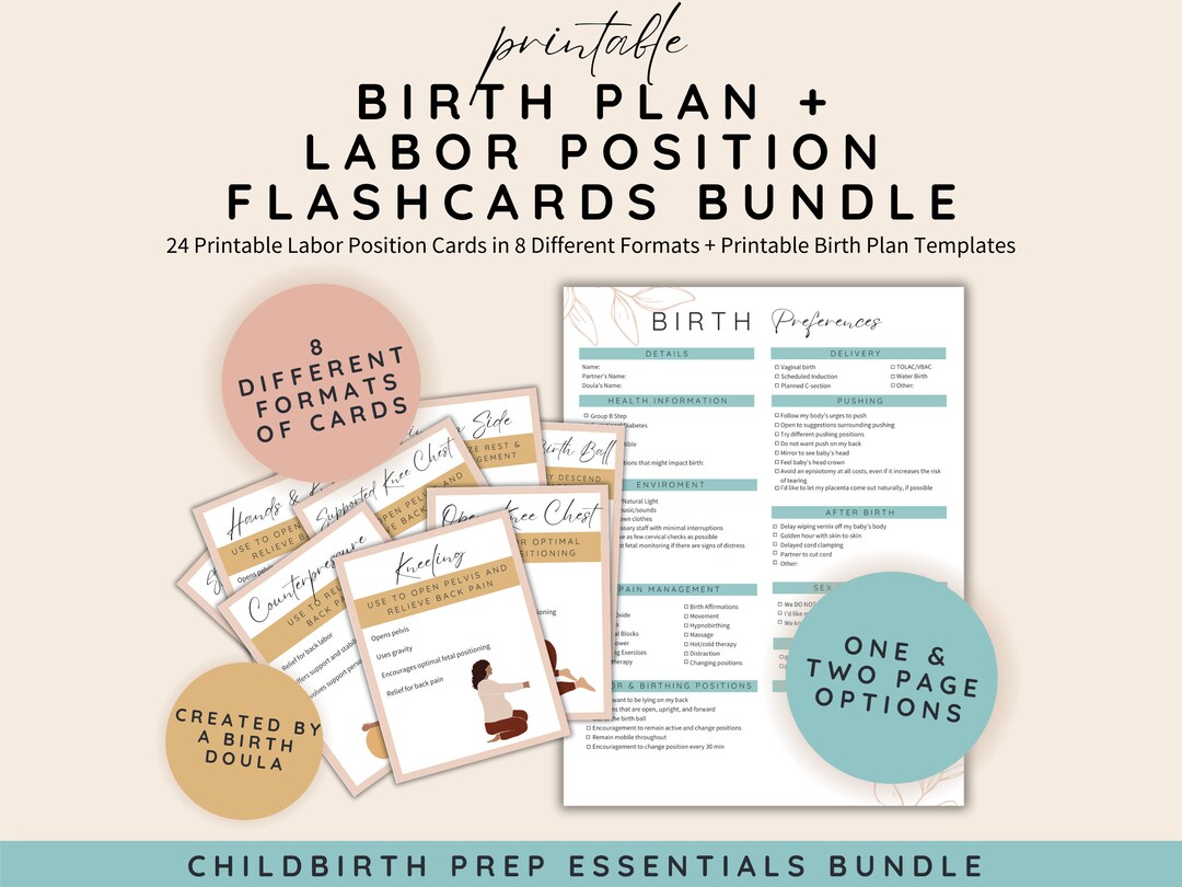 Birth Plan + Labor Position Flashcards Bundle, Printable Birth Position ...
