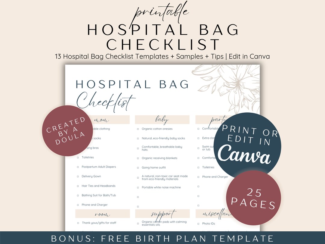 Hospital Bag Checklist Printable, Labor and Delivery Packing List ...