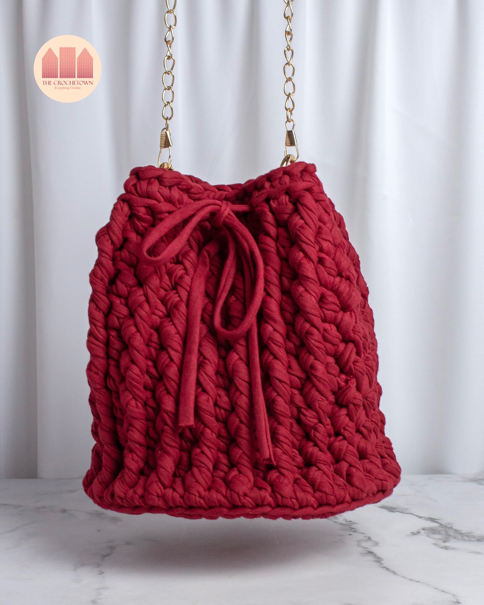 Crochet Bucket Bag Maroon Round Base Drawstring and Magnetic Closure - Etsy