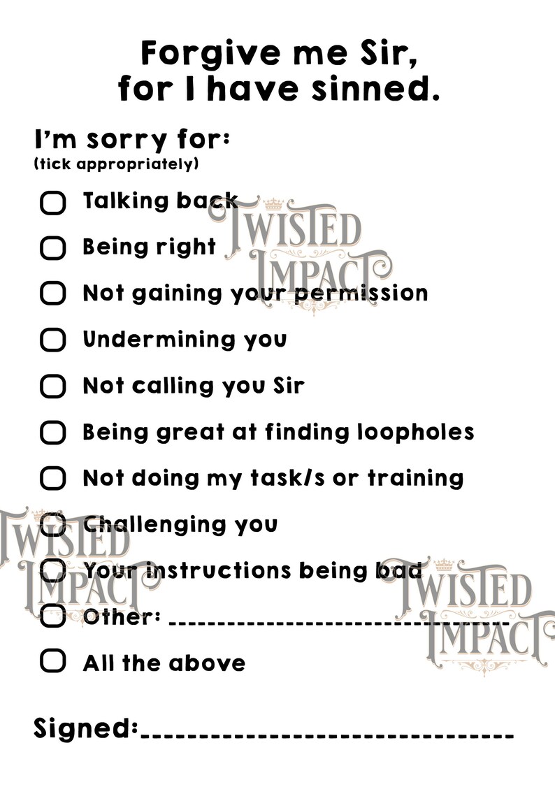 Printable Bratty Forgive Me Sorry Slips for Daddy Sir Mistress | Etsy
