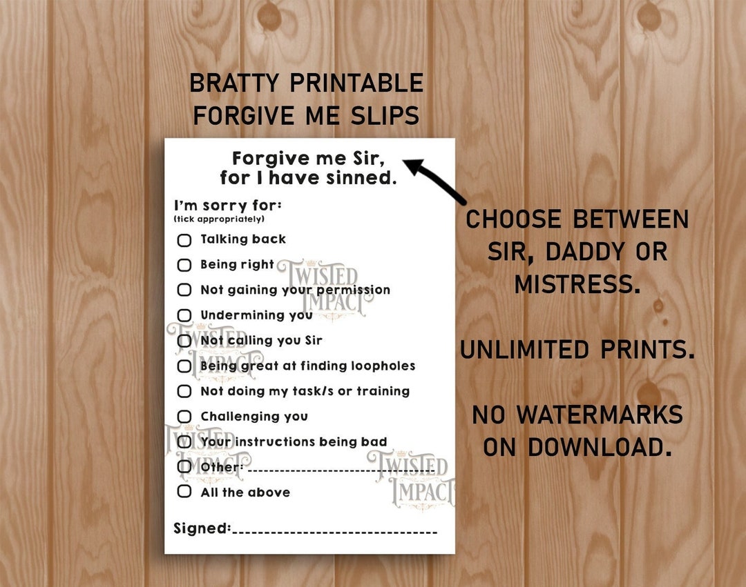 Printable Bratty Forgive Me Sorry Slips for Daddy Sir Mistress ...