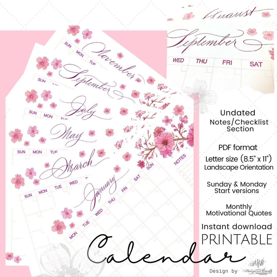 Girly Undated Planner Monthly Printable Blank Watercolor Cherry ...