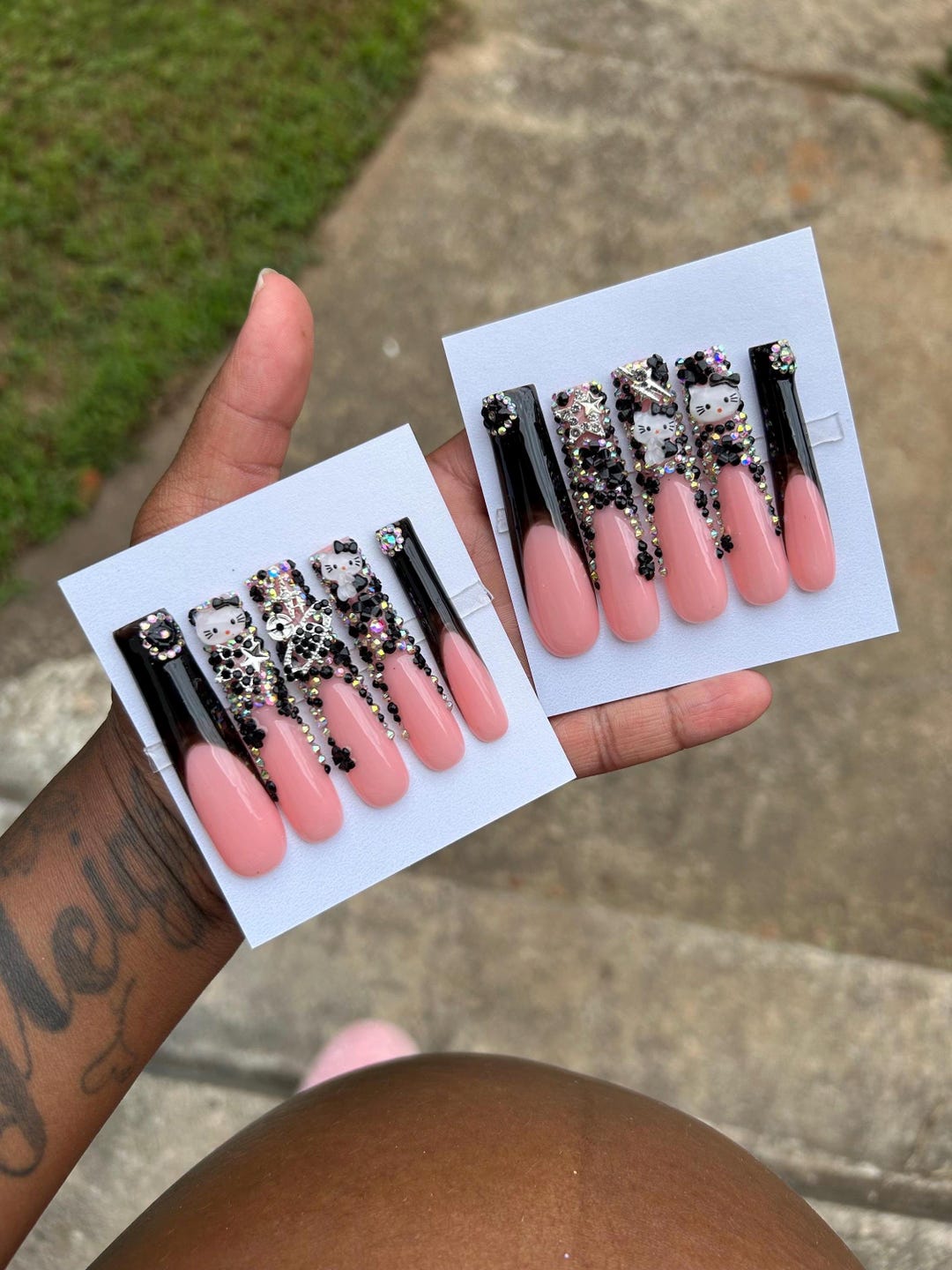Xl Hello Kitty French Tip Press Ons With Bling/cartoon Nails/kuromi ...