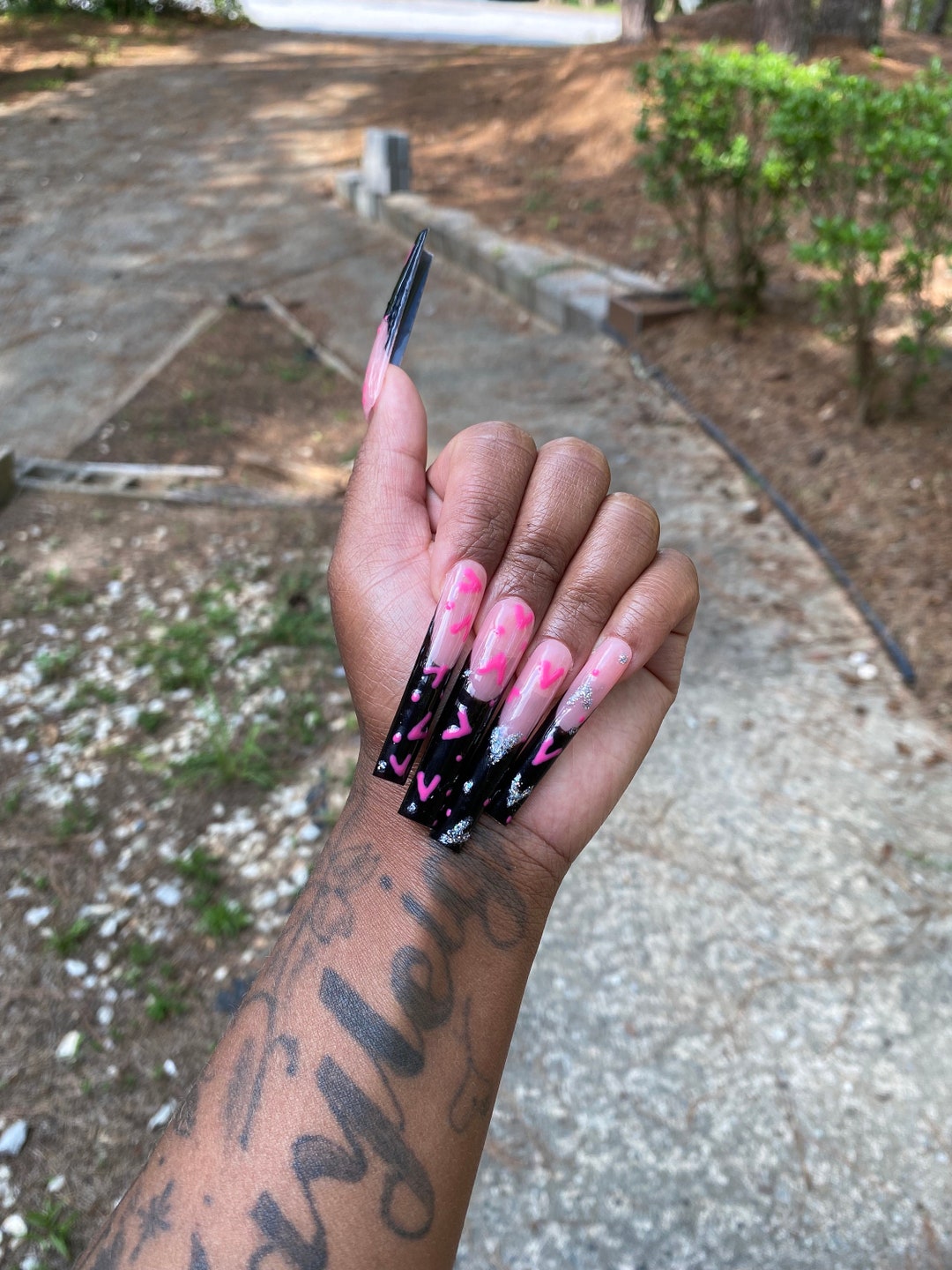 Xl French Tips With Pink Hearts - Etsy