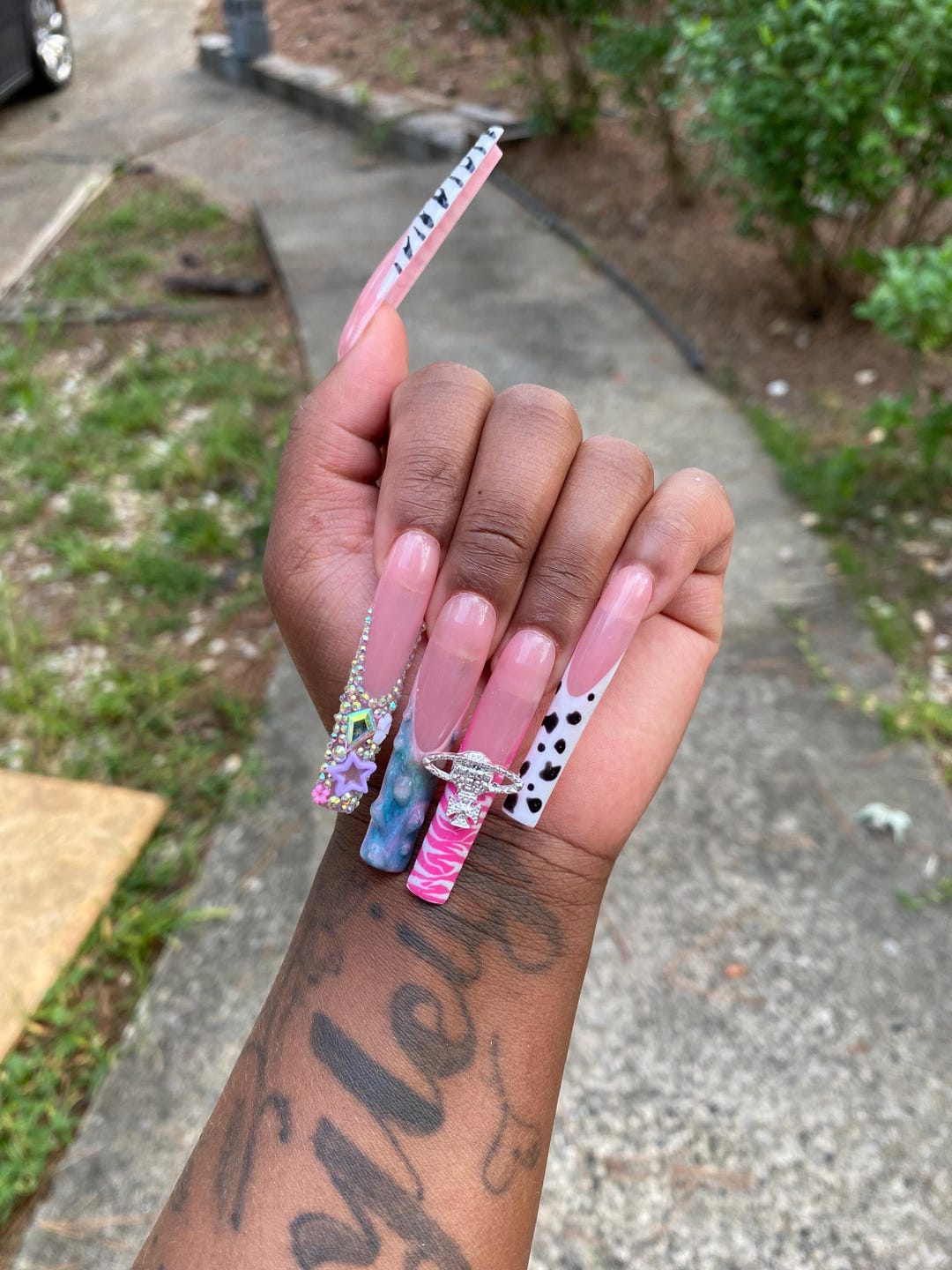 Xl French Tip Press Ons With Bling Nails and 3d Charms(zebra/cow Print Press Ons - Etsy