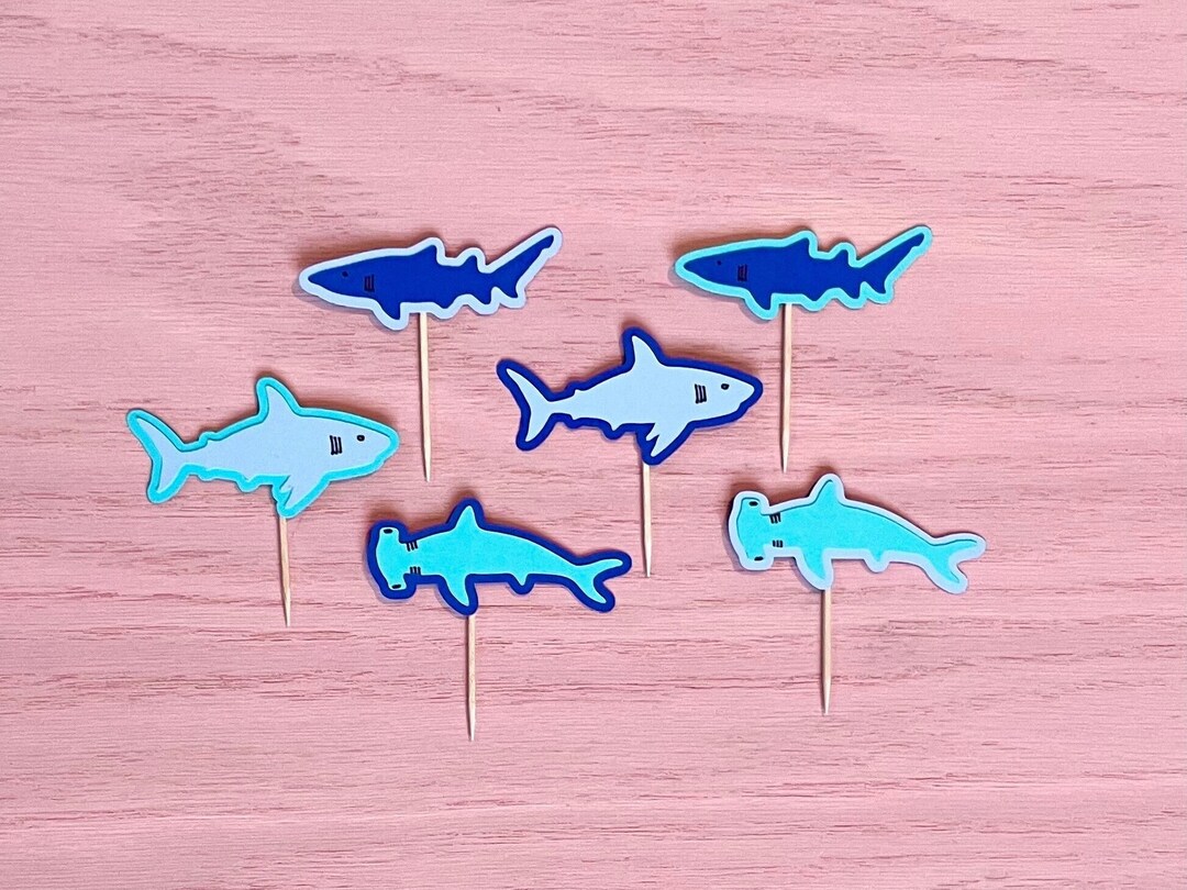 Shark Cupcake Toppers, Party Decorations, Birthday, Sharks, Blue Ocean ...