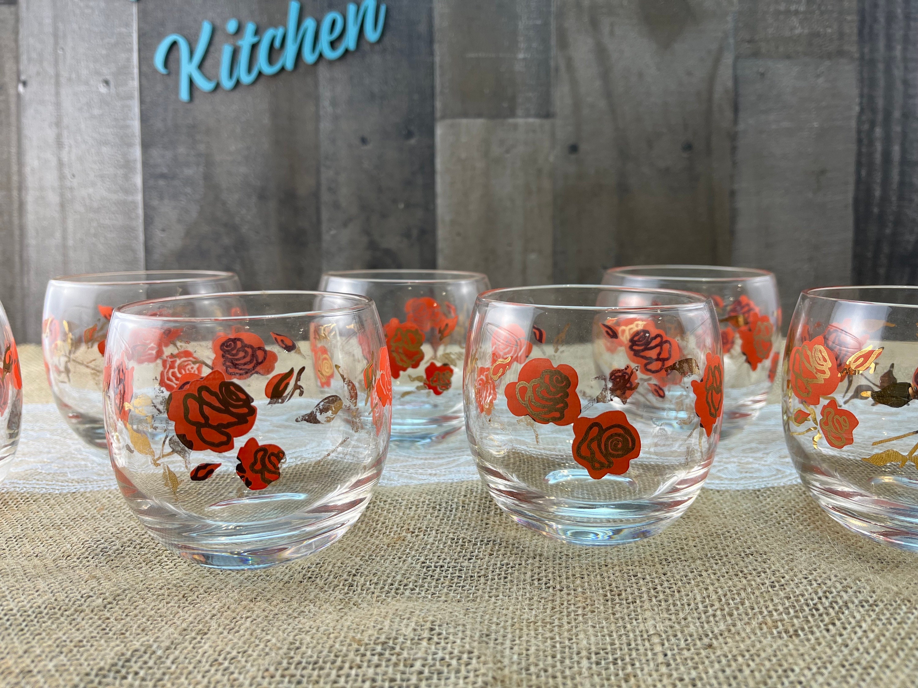 Vintage Set of 8 Roly Poly Red Rose Drinking Glasses With Carrier Caddy ...