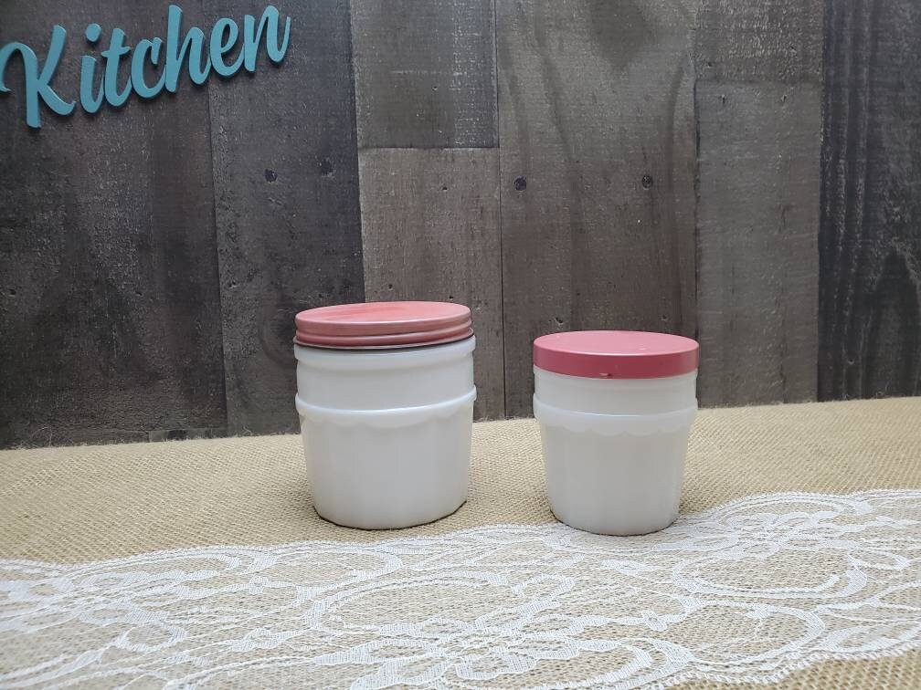 Vintage Set of White Milk Glass Jar With Pink Lids - Etsy