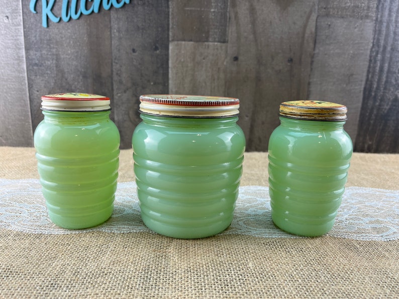 Jadeite Fire King Shakers & Grease Jar With Tulip Lids Jadite Ribbed ...