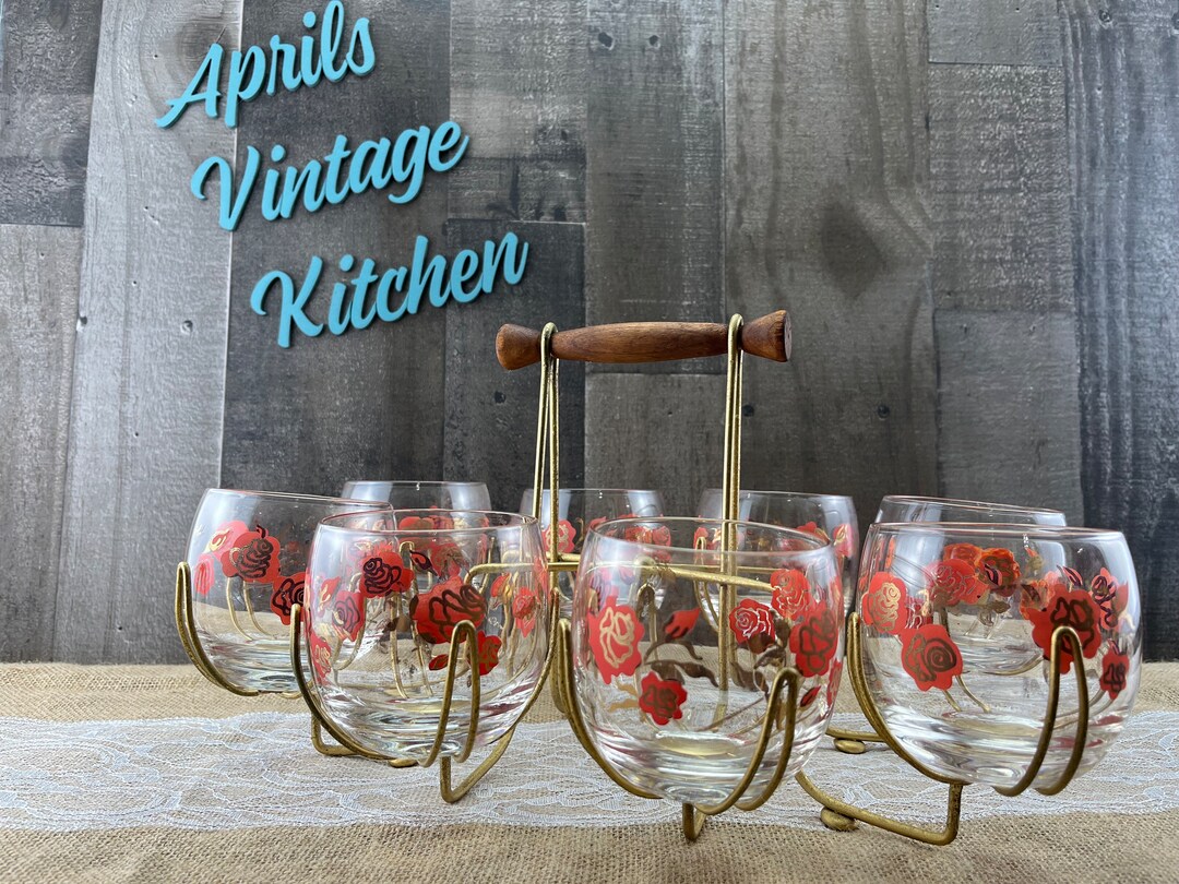 Vintage Set of 8 Roly Poly Red Rose Drinking Glasses With Carrier Caddy ...