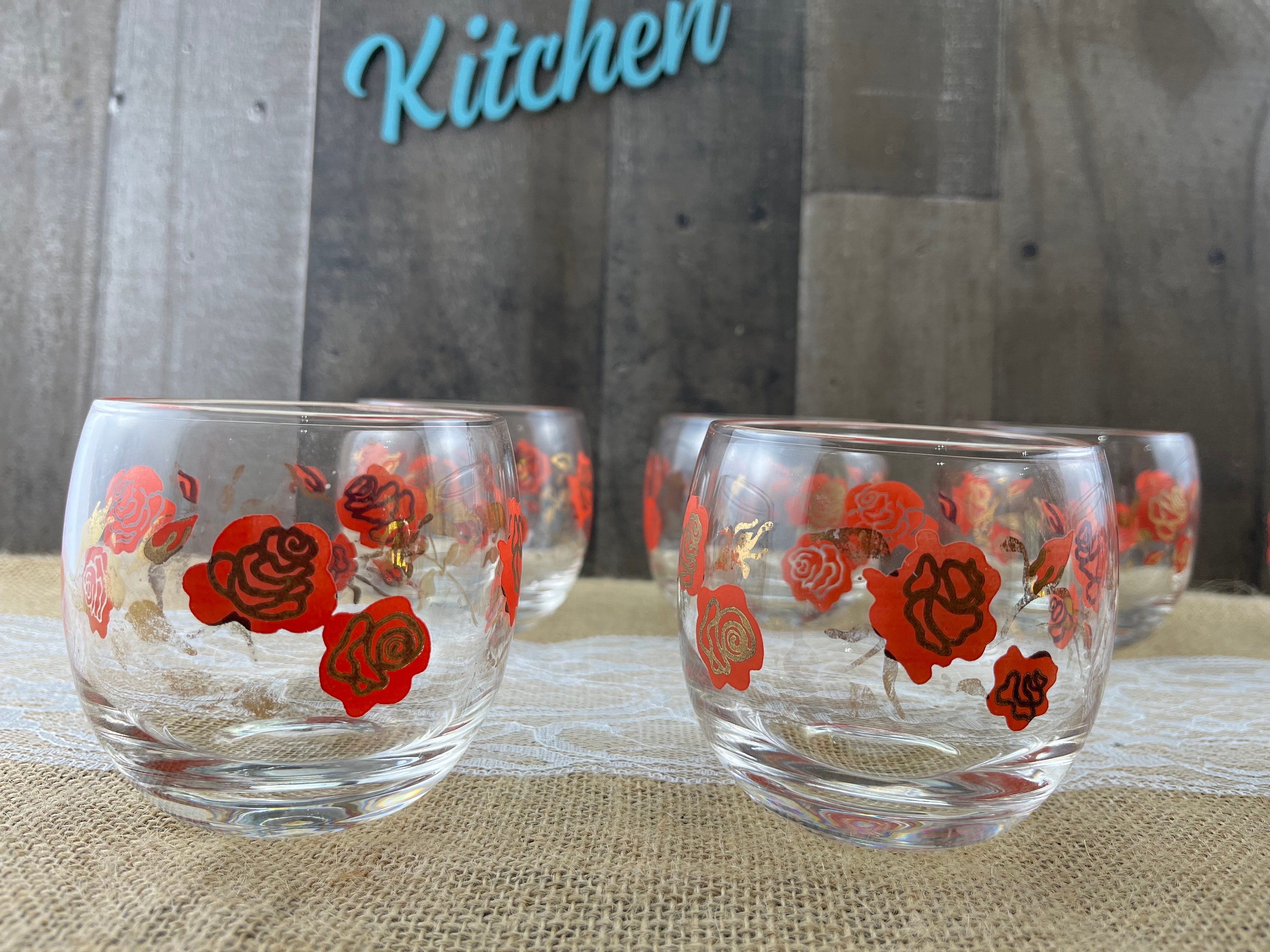 Vintage Set of 8 Roly Poly Red Rose Drinking Glasses With Carrier Caddy ...