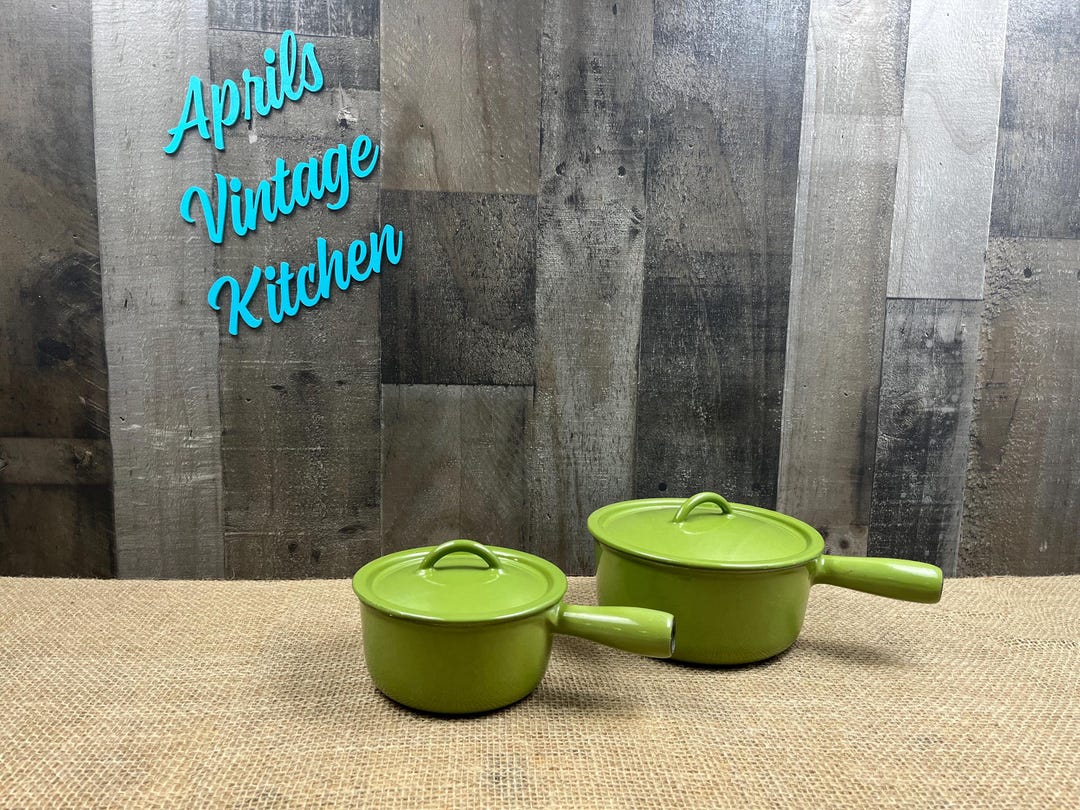 Rare Vintage Avocado Green Descoware Enameled Cast Iron Pot Sauce Pans ...