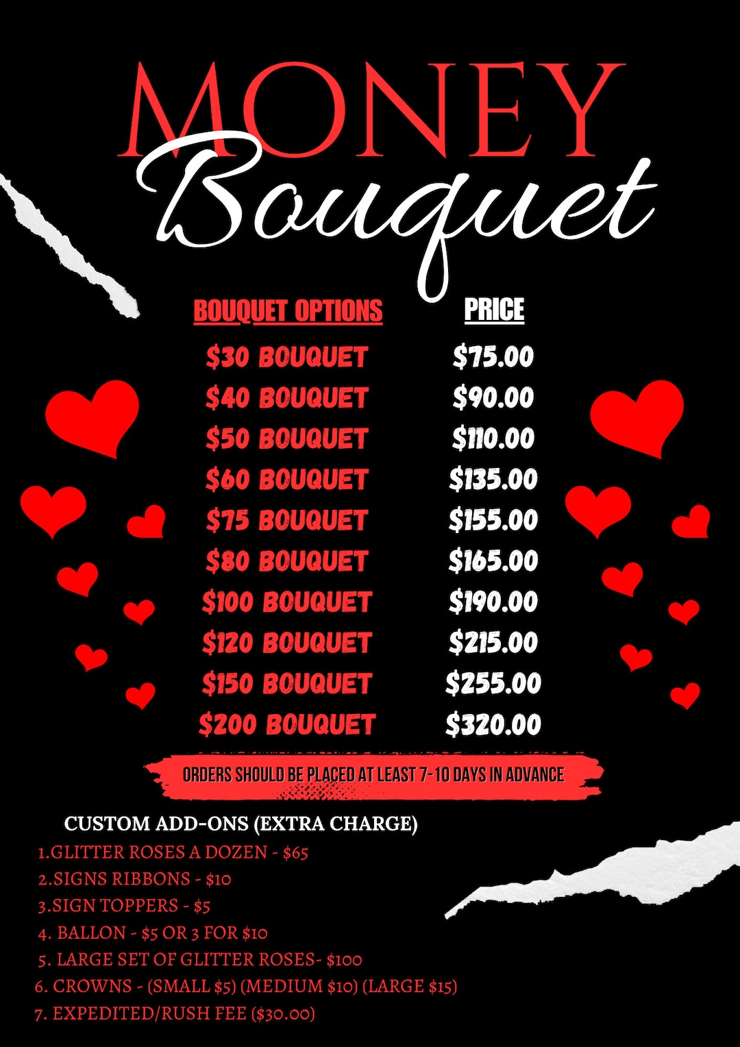 Money Bouquet Price List, DIY Flyer Template Design, Pricing Flyer ...
