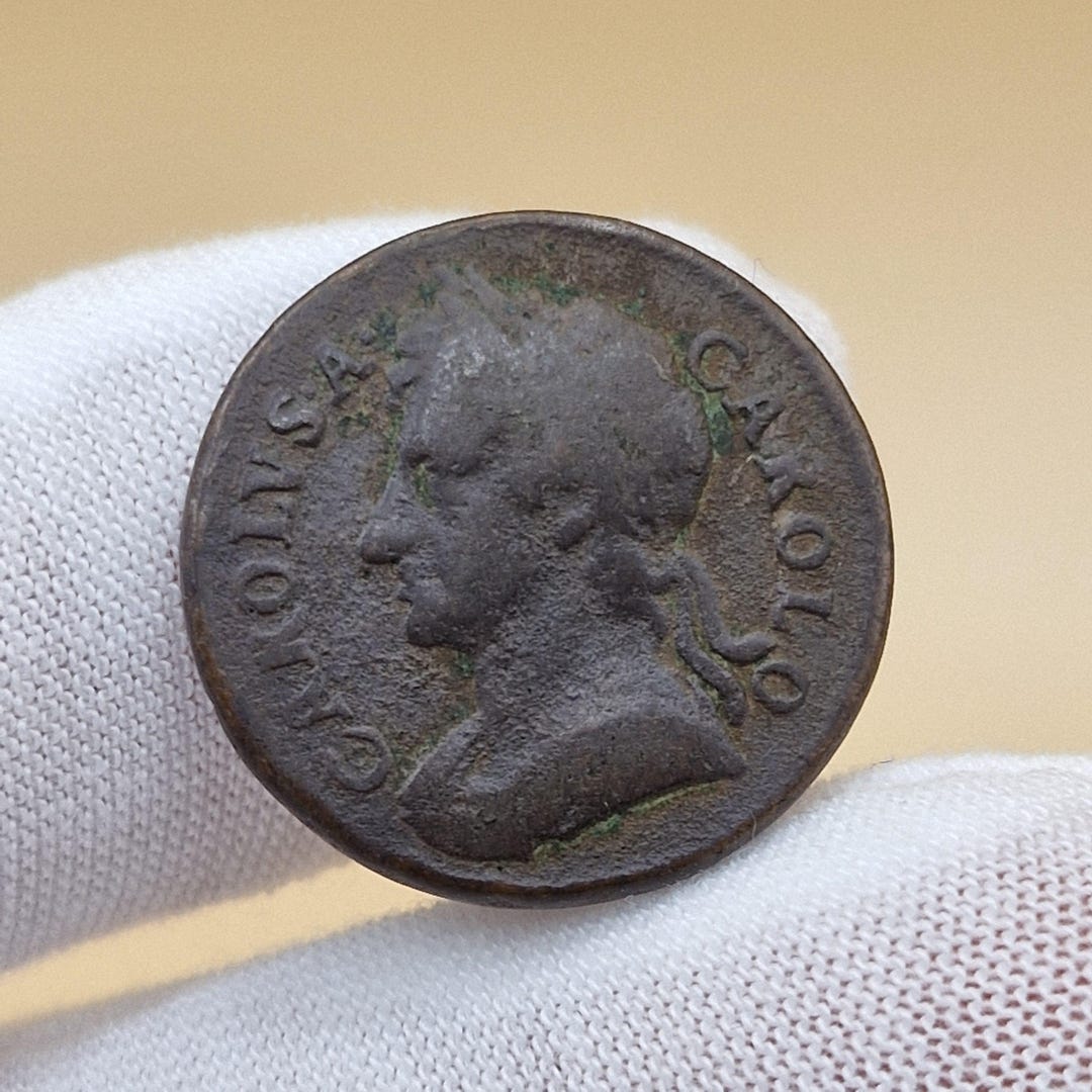 Genuine 1675 Charles II English Copper Farthing Early Milled Coin ...