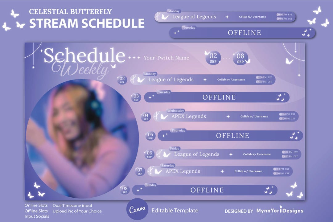 Celestial Butterfly Weekly Stream Schedule | Editable Twitch Schedule ...