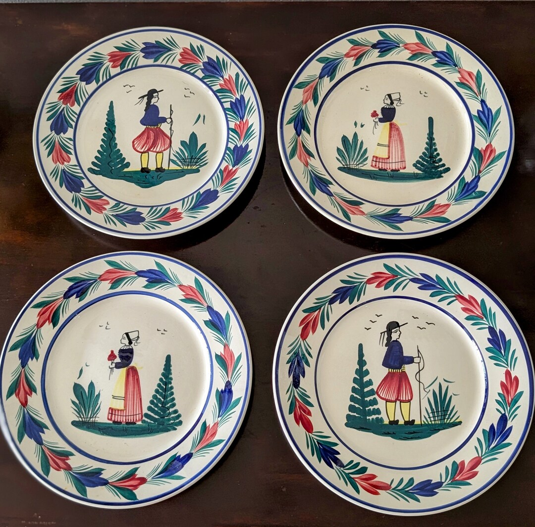 Henriot Quimper Faience Pottery Luncheon Plates Artist Labeled Vintage ...