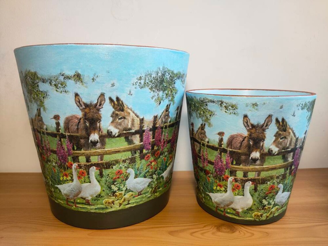 Large Plant Potfarm Animal Decoupaged Plant Potflower - Etsy UK