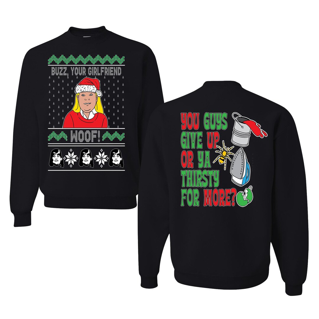 Buzz Your Girlfriend Woof FRONT AND BACK Ugly Funny Christmas Sweater ...