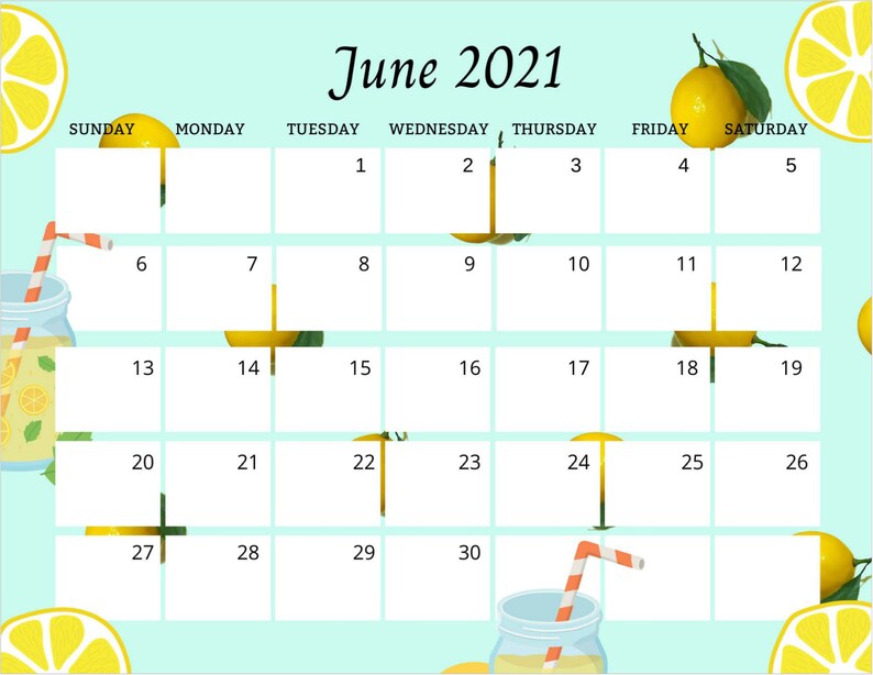 June 2021 Calendar, Cute Lemons Printable Summer Design - Instant ...
