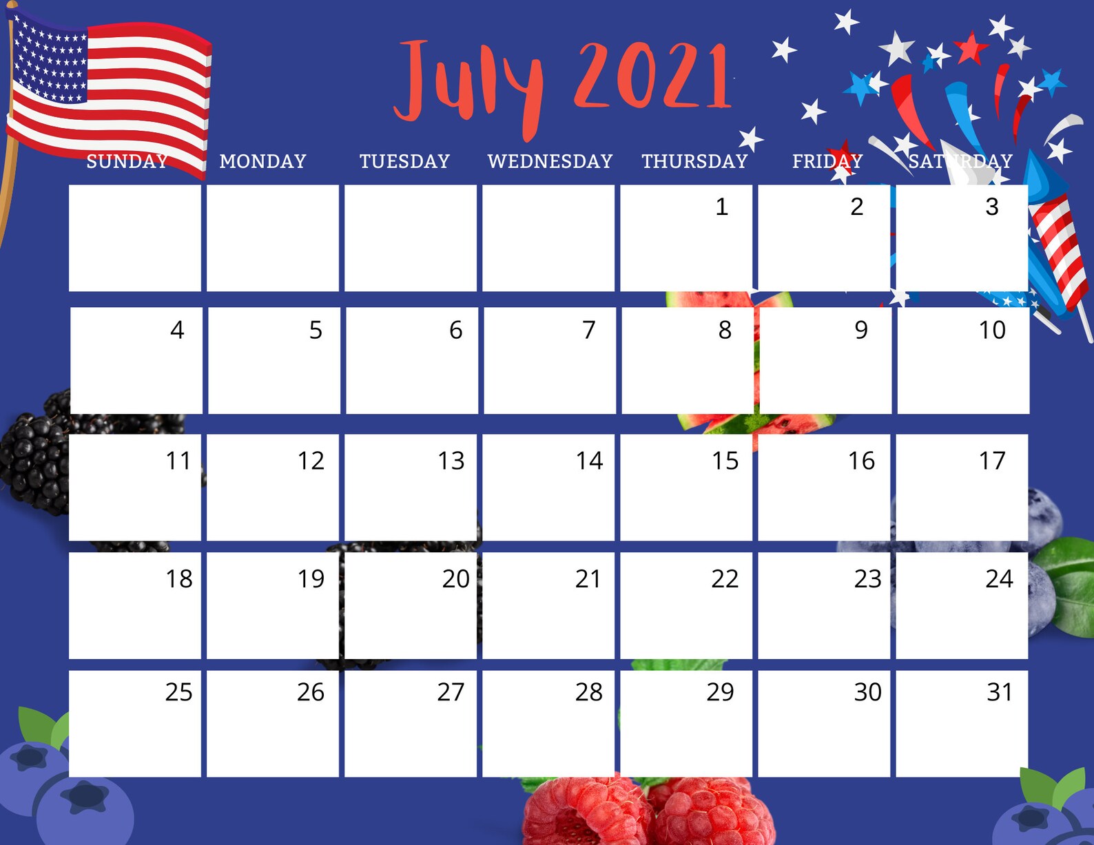 July 2021 Calendar, Cute, Summer Dark Blue Berry Printable, Digital ...