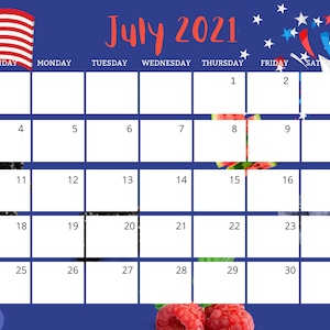 July 2021 Calendar, Cute, Summer Dark Blue Berry Printable, Digital ...