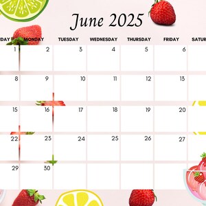 June 2025 Calendar, Cute, Colorful Calendar, Fresh Strawberries and Ice ...